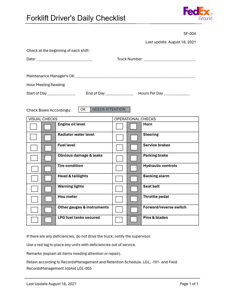 Forklift Daily Operator Checklist | PDF