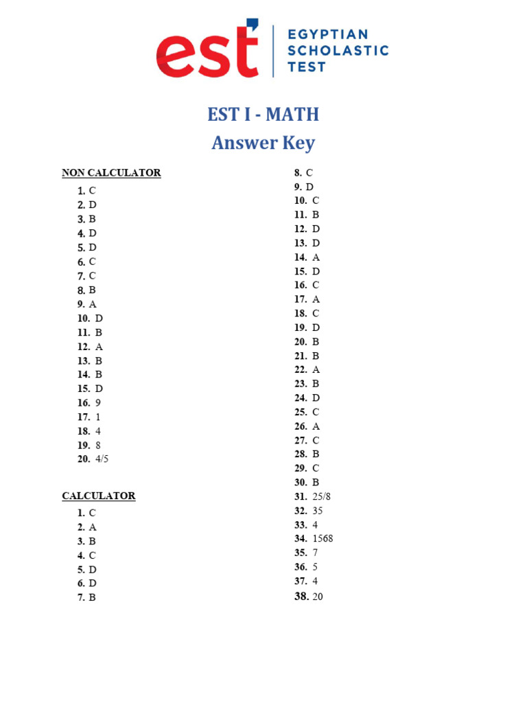 EST I - Math - Answer Key | PDF
