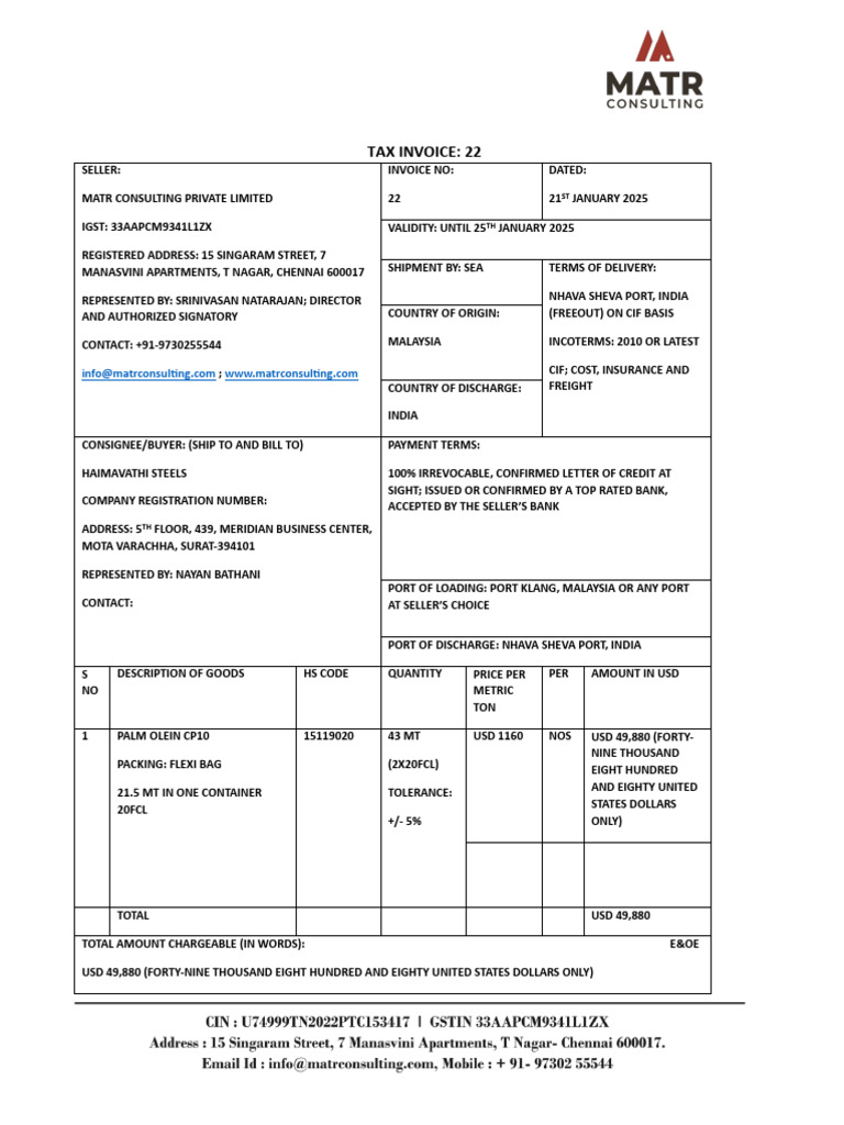 MATR-HS PALM OIL INVOICE | PDF | Invoice