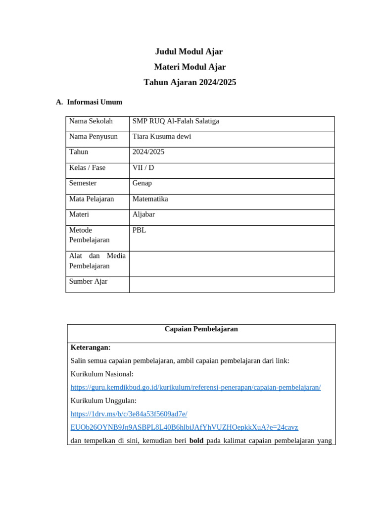 Template Modul Ajar | PDF
