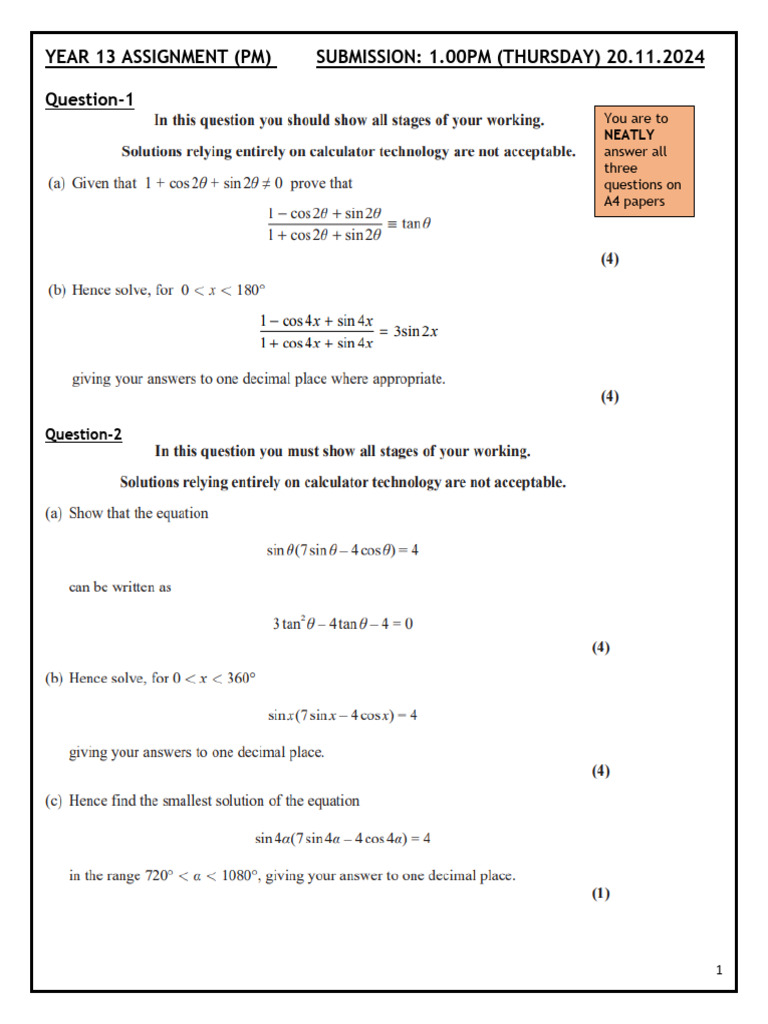 Year 13 PM Assignment-Assessment 20-11-2024 | PDF