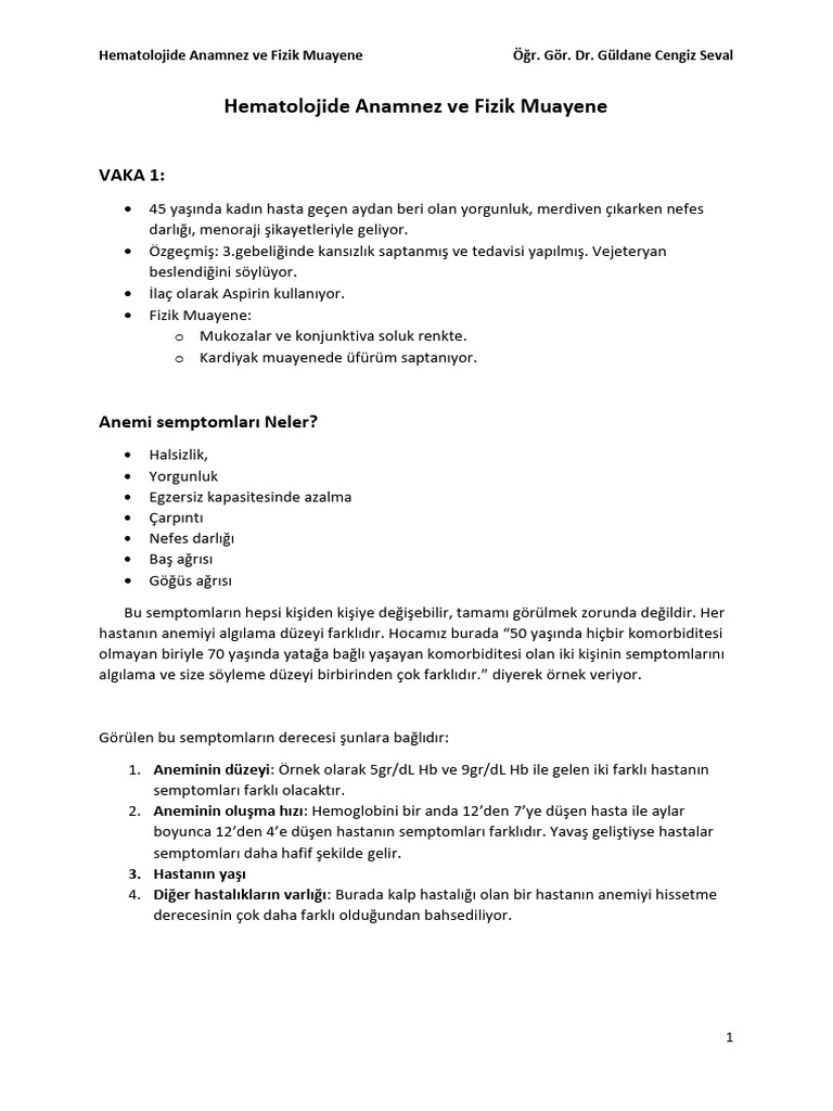 01.Hematoloji-Hematolojide Anamnez Ve Fizik Muayene | PDF