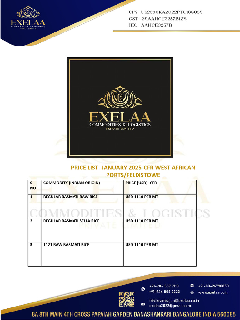 EXELAA RICE PRICE LIST JANUARY 2025 WEST AFRICAN PORTS AND FELIXSTOWE | PDF