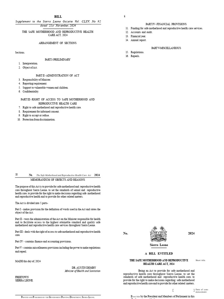 Bill-The Safe Motherhood and Reproductive Health Care Act 2024 | PDF ...