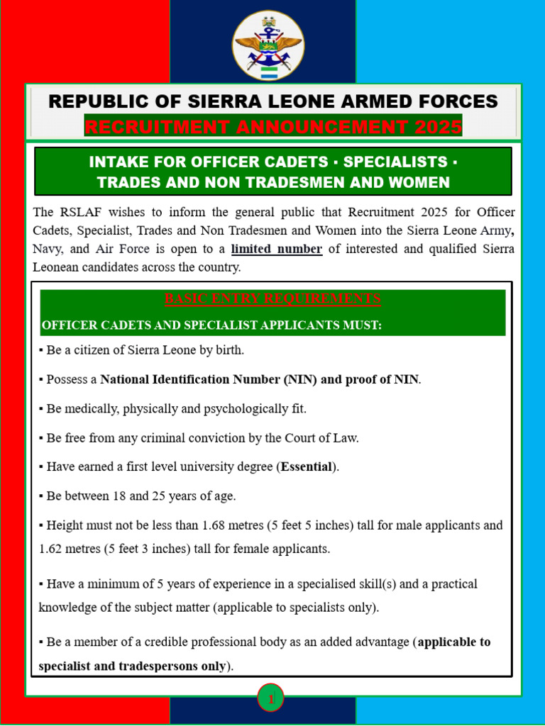 RSLAF Recruitment 2025 Announcement | PDF | Sierra Leone