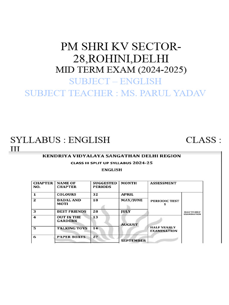 English Midterm Exam Syllabus Class III | PDF