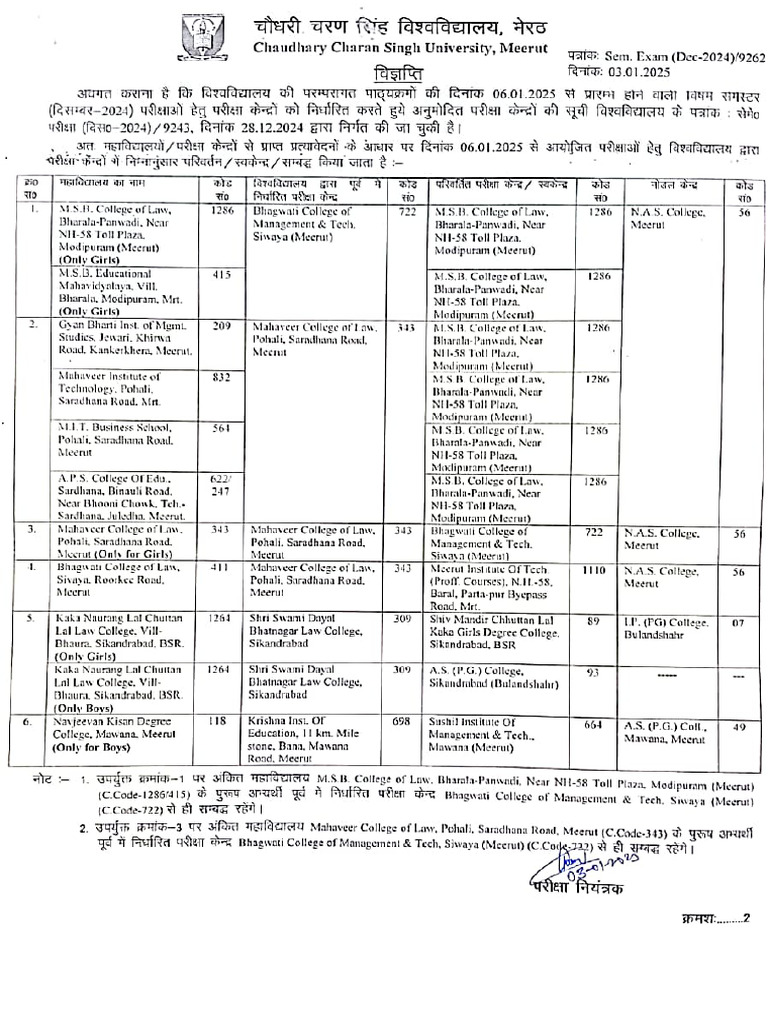 Revised Center List of Traditional PG-Non NEP courses, PG-NEP courses, UG (Hons.) courses, LL.B ...