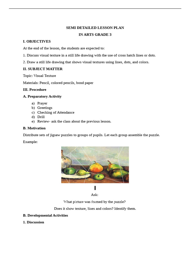 Semi Detailed Lesson Plan in Arts Grade 3 | PDF | Drawing | Figure Drawing