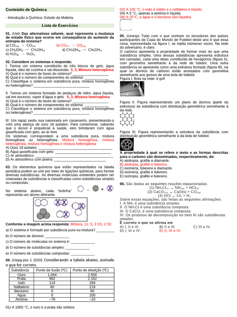 Lista 5 - Estudo Da Matéria - 1ºano - GABARITO | PDF | Substancias químicas | Mistura