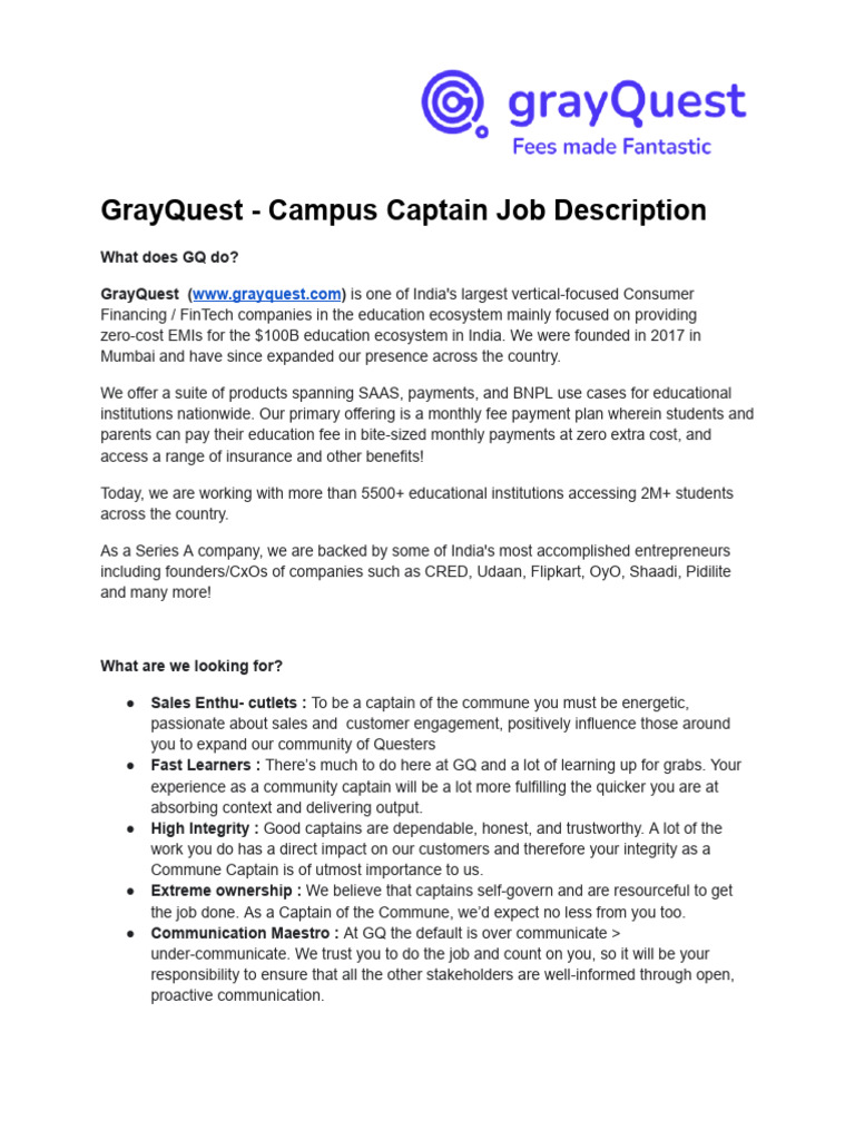 Campus Captain Job Description | PDF | Business | Economies