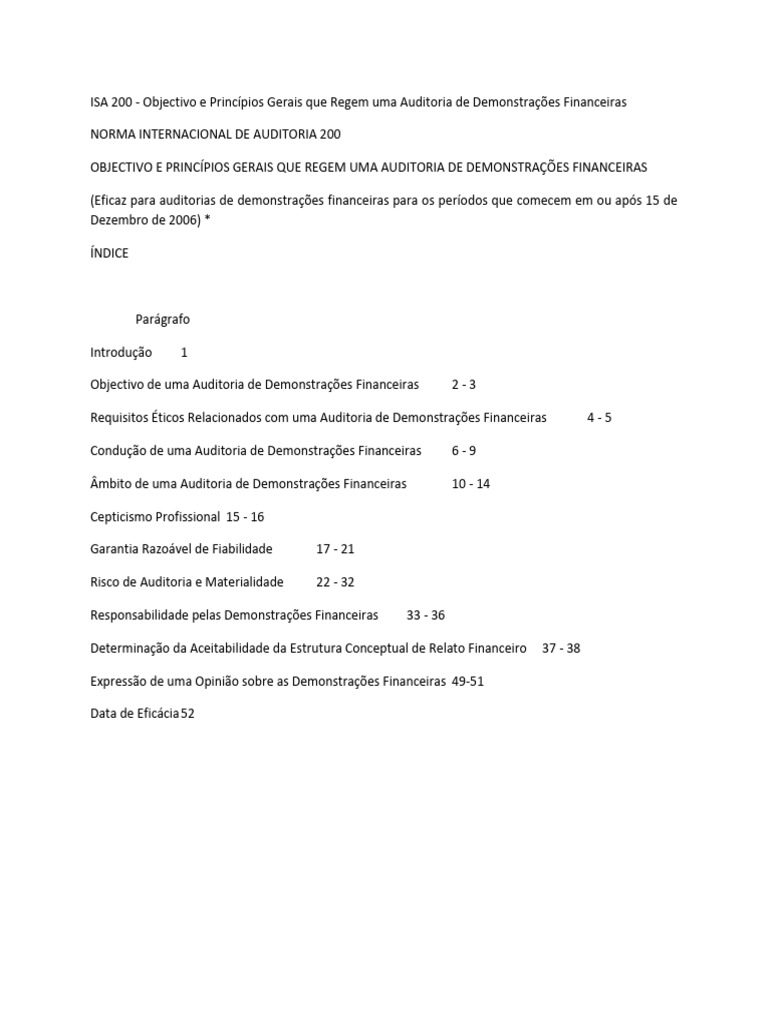 ISA 200: Princípios de Auditoria Financeira | PDF | Avaliação de risco ...