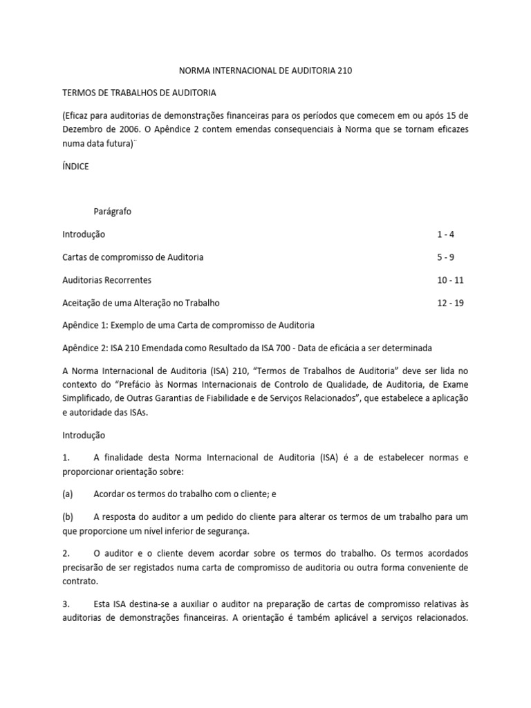 Isa 210 - Termos de Trabalhos de Auditoria | PDF | Contabilidade