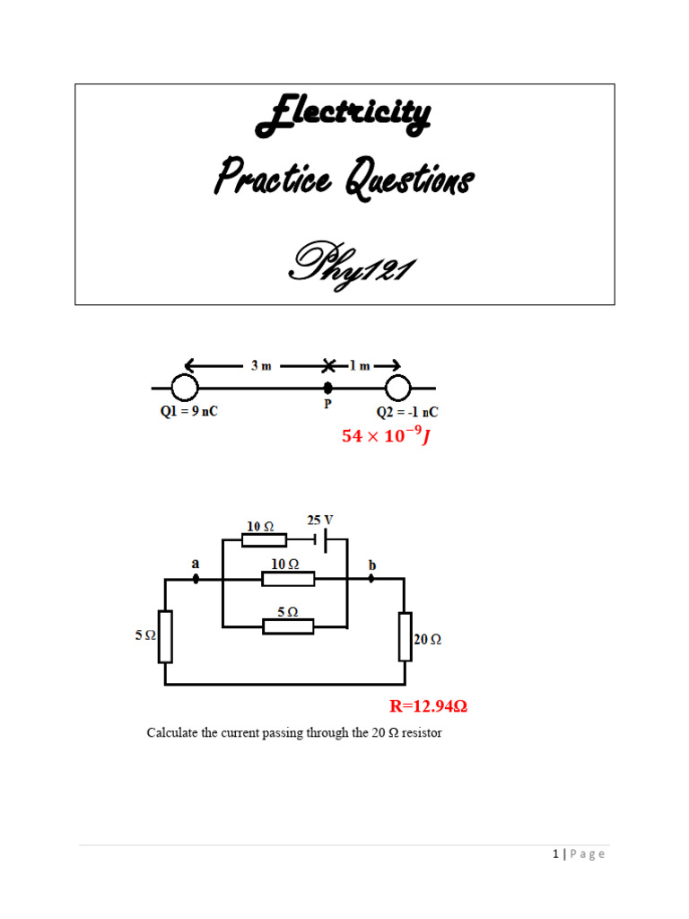 Electricity Practice Questions for Phy121 | PDF | Voltage | Electrical ...
