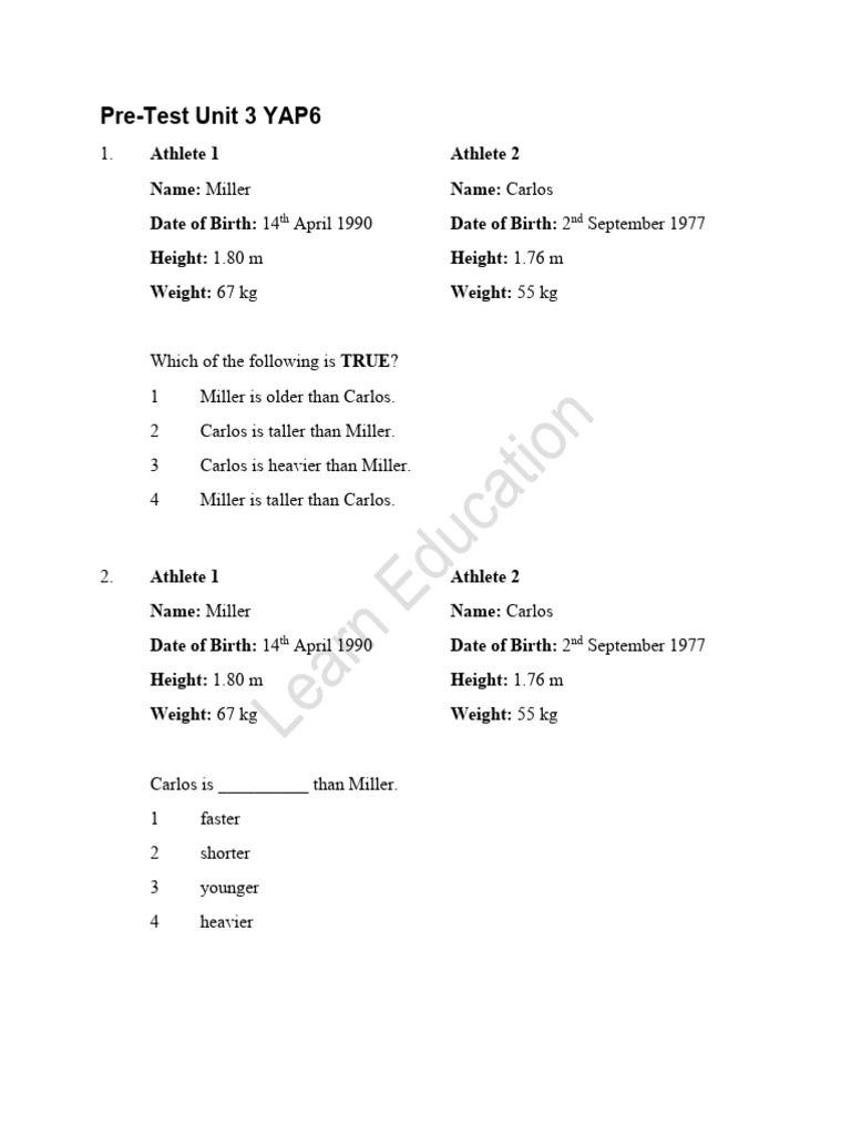 P.6 Unit 3 Pre-Test _ Post-Test [WM] | PDF