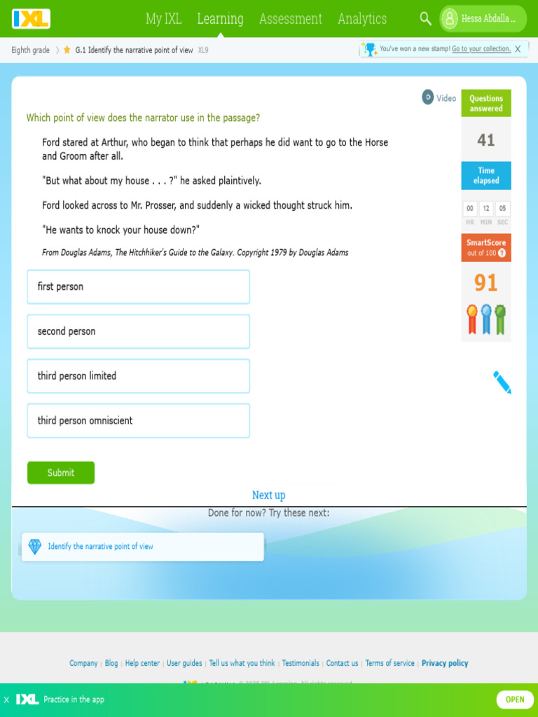 IXL Identify The Narrative Point of View 8th Grade Language Arts | PDF