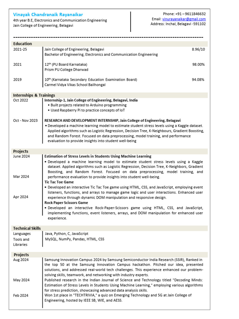 Vinayak_Resume | PDF | Machine Learning | Computer Science