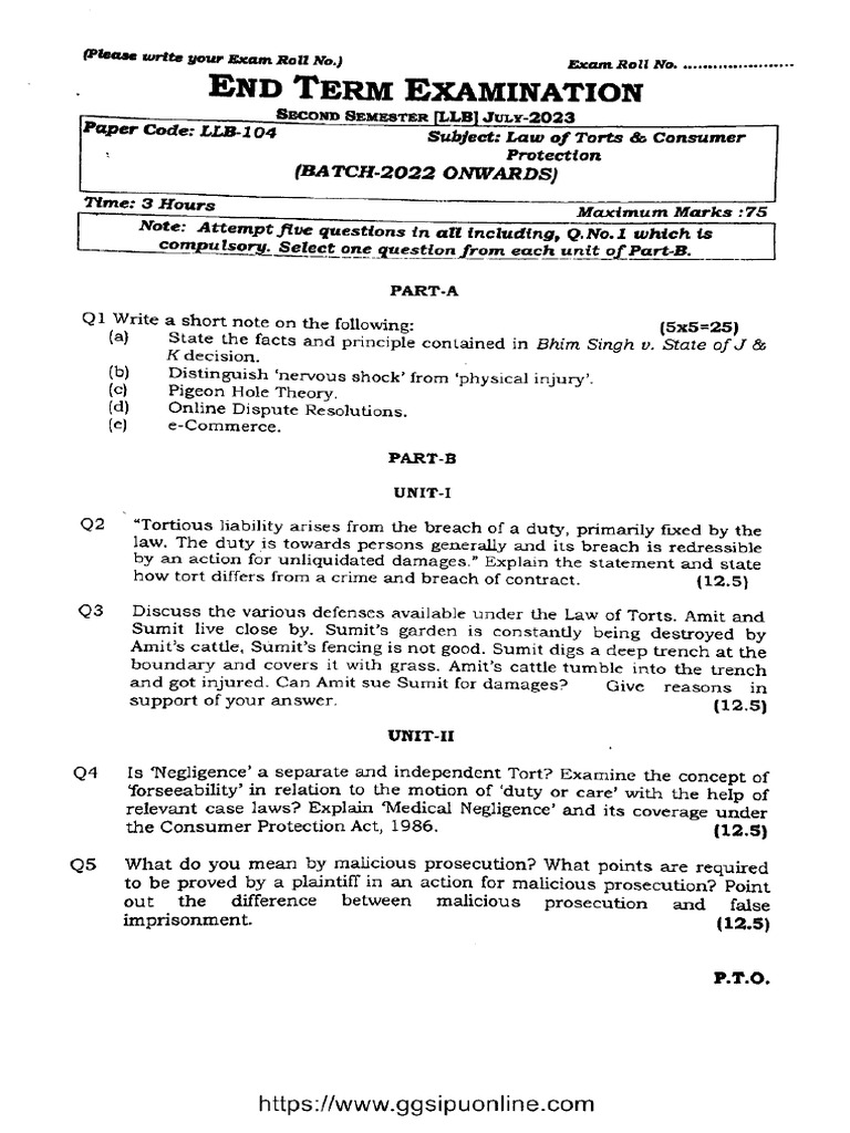 LLB 2 Sem Law of Torts and Consumer Protection LLB 104 Jul 2023 | PDF