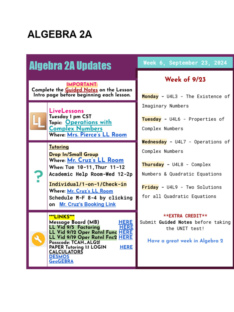Algebra 2A Week 6 Updates and Resources | PDF