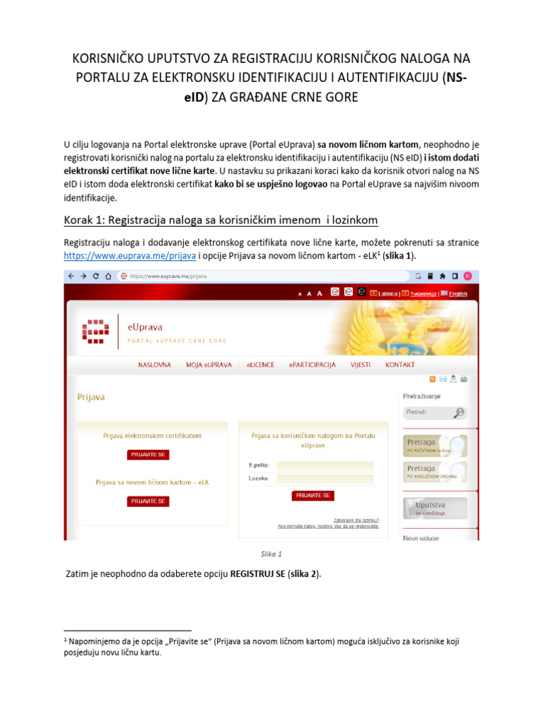 Uputstvo Za Registraciju Korisn NA Portalu Za Elektronsku Identifikaciju I Autentifikaciju | PDF