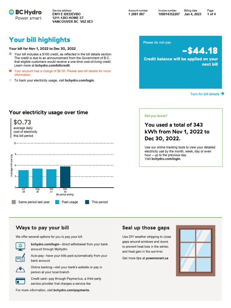 BC Hydro Invoice Summary January 2023 | PDF | Payments