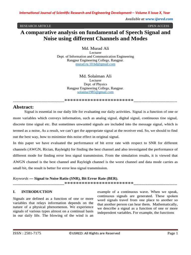 A Comparative Analysis On Fundamental of Speech Signal and Noise Using Different Channels | PDF ...
