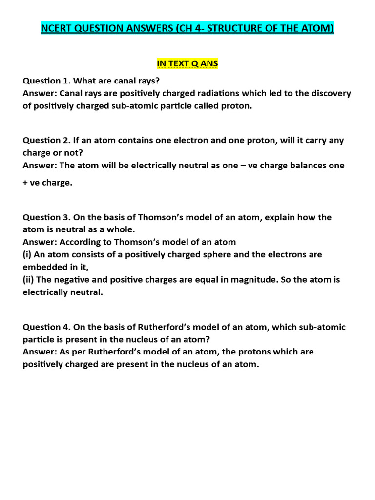 Ncert Question Answers Ch4 | PDF | Atoms | Atomic Nucleus