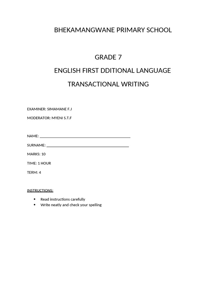Grade 7 English Transactional Writing | PDF