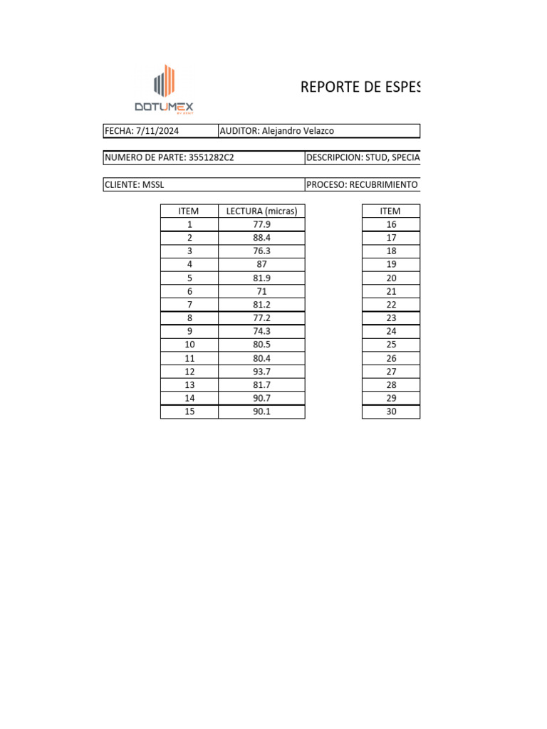 REPORTE DE ESPESORES | PDF