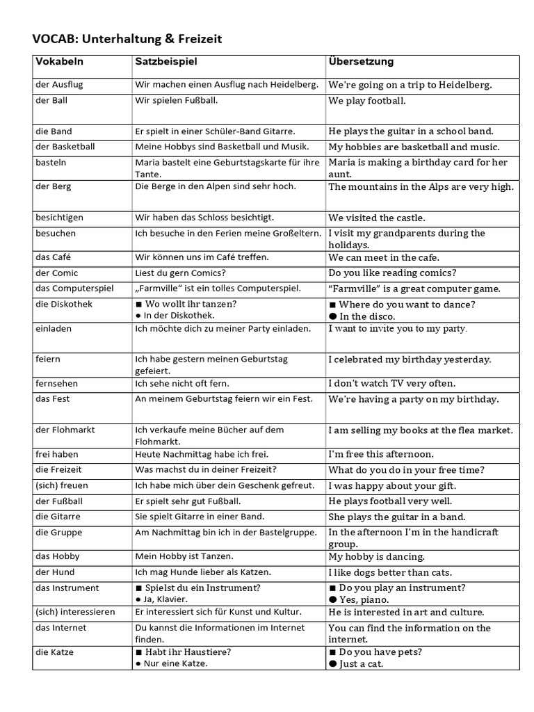 Vocab Unterhaltung - Freizeit | PDF