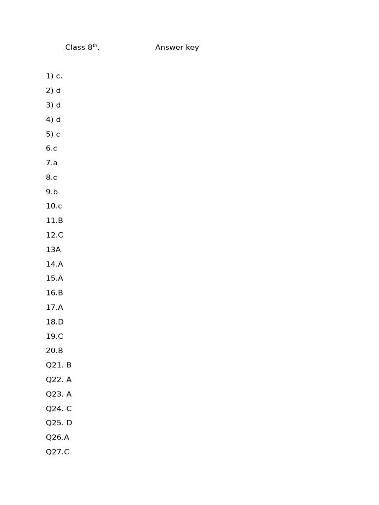 Class 8th Answer Key | PDF