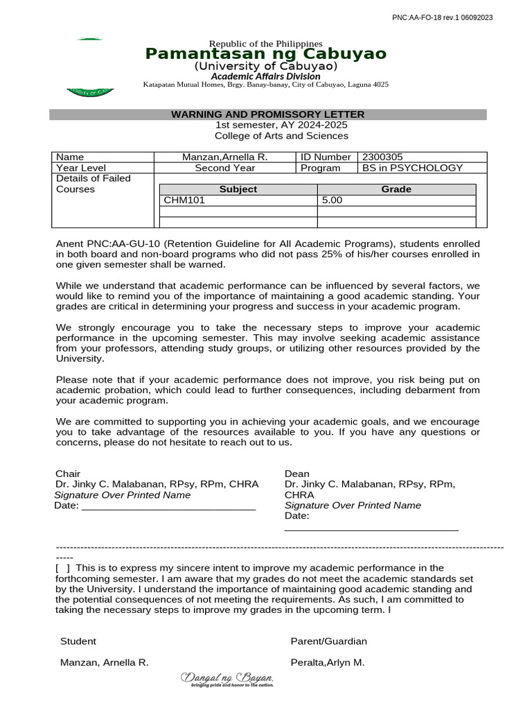 PNC AA-FO-18 R.ev.1 06092023 Warning and Promissory Letter (20230613144025) | PDF