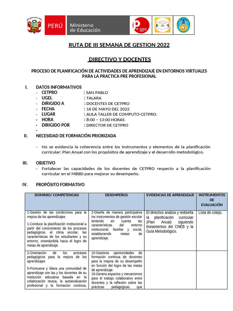RUTA SG3 CETPRO SP 13 de Mayo 2022 | PDF | Planificación | Aprendizaje