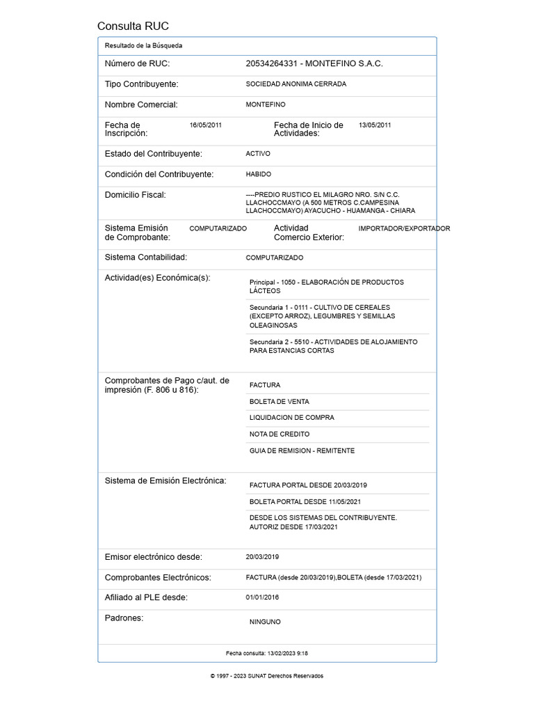 Consulta RUC de Montefino S.A.C. | PDF | Economias