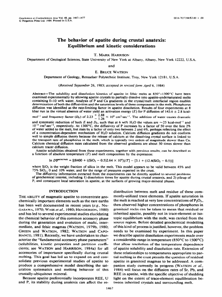 The Behavior of Apatite During Crustal Anatexis - Harrison (1984) | PDF ...