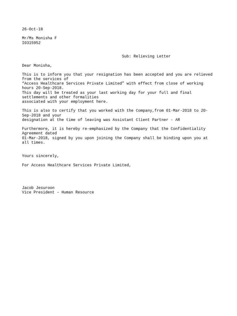 Access Healthcare Relieving Letter | PDF