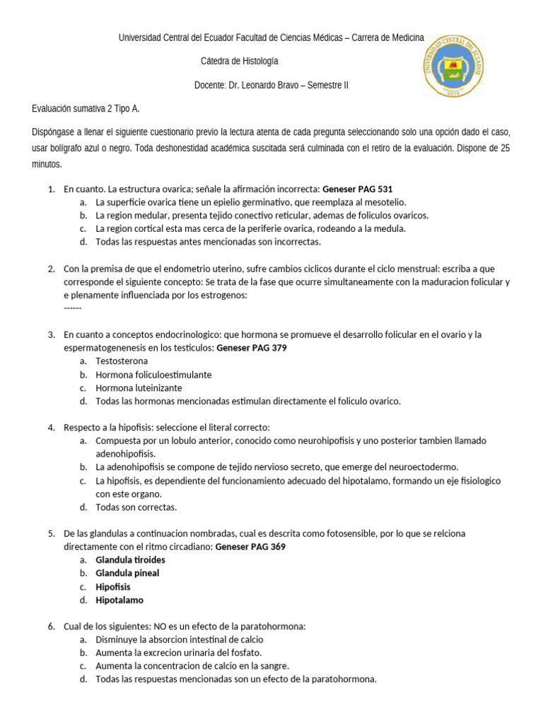 Examen histo II II A | PDF | Ojo | Ciclo menstrual