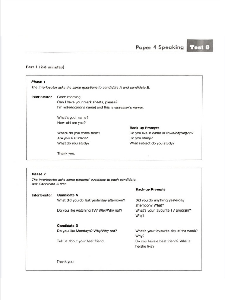 PET Practice Speaking 5 | PDF