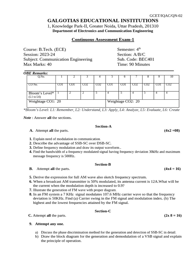 Bec401 Cae1 | PDF | Frequency Modulation | Modulation