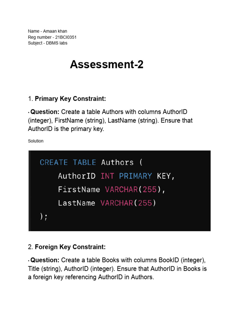 Assesment 2 Dbms Lab 21bci0351 | PDF | Relational Database | Databases