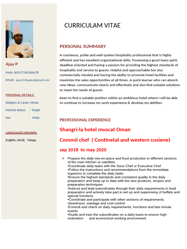 Ajay CV Commii Chef Residence Maldives | PDF | Chef | Learning