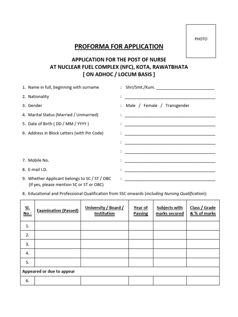 Proforma of Application For Nurse NFC Kota | PDF | Gender | Gender Studies