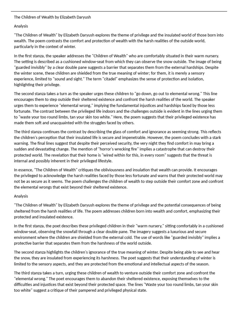"Privilege in 'Children of Wealth'" | PDF | Poetry