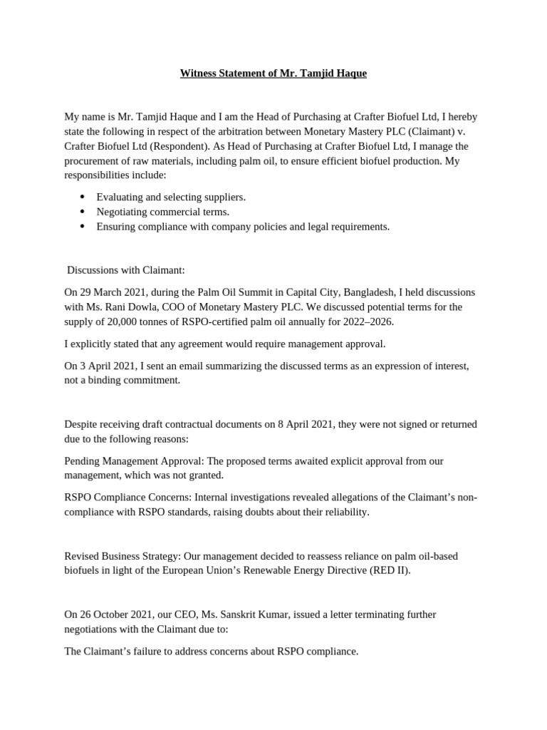 Witness Statement of Tamzid Haque | PDF | Mediation | Procurement