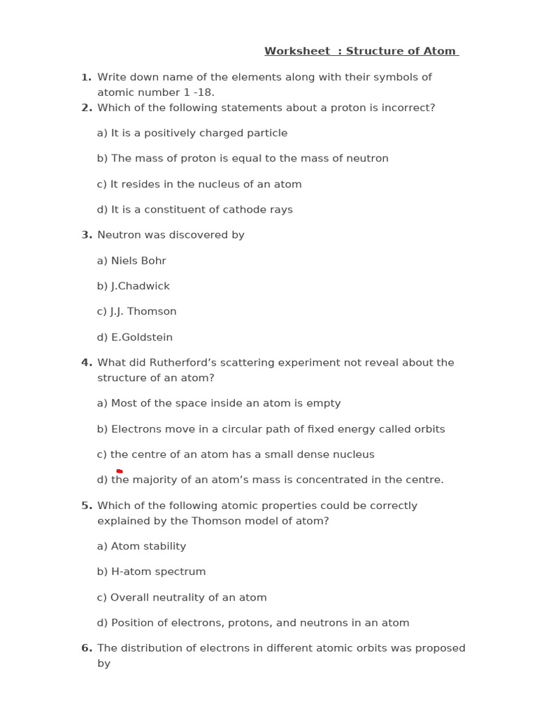 Structure of Atom Worksheet | PDF