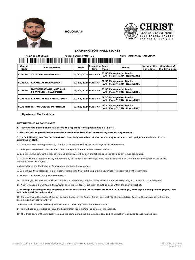 Hall ticket 5th Sen | PDF