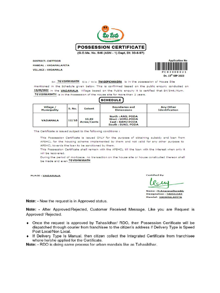 Possession-Certificate | PDF
