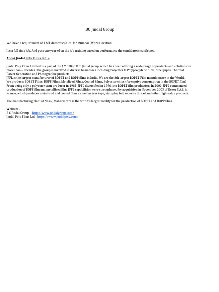 Mumbai Sales Job at Jindal Poly Films | PDF