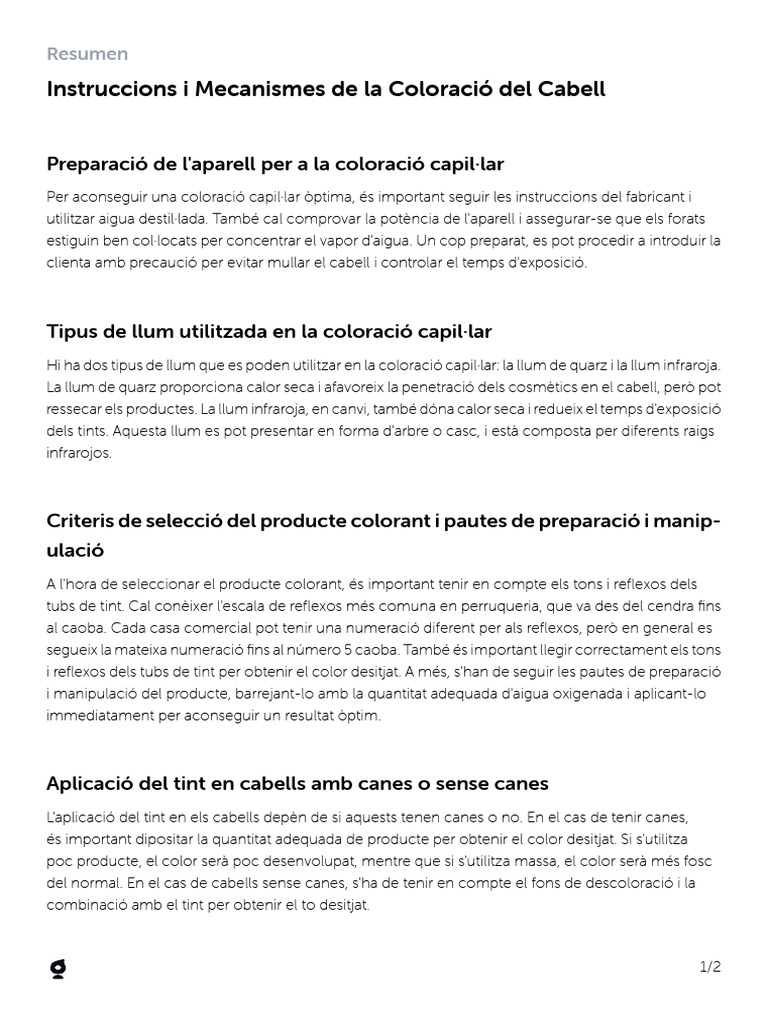 Instruccions I Mecanismes de La Coloració Del Cabell - Resumen | PDF