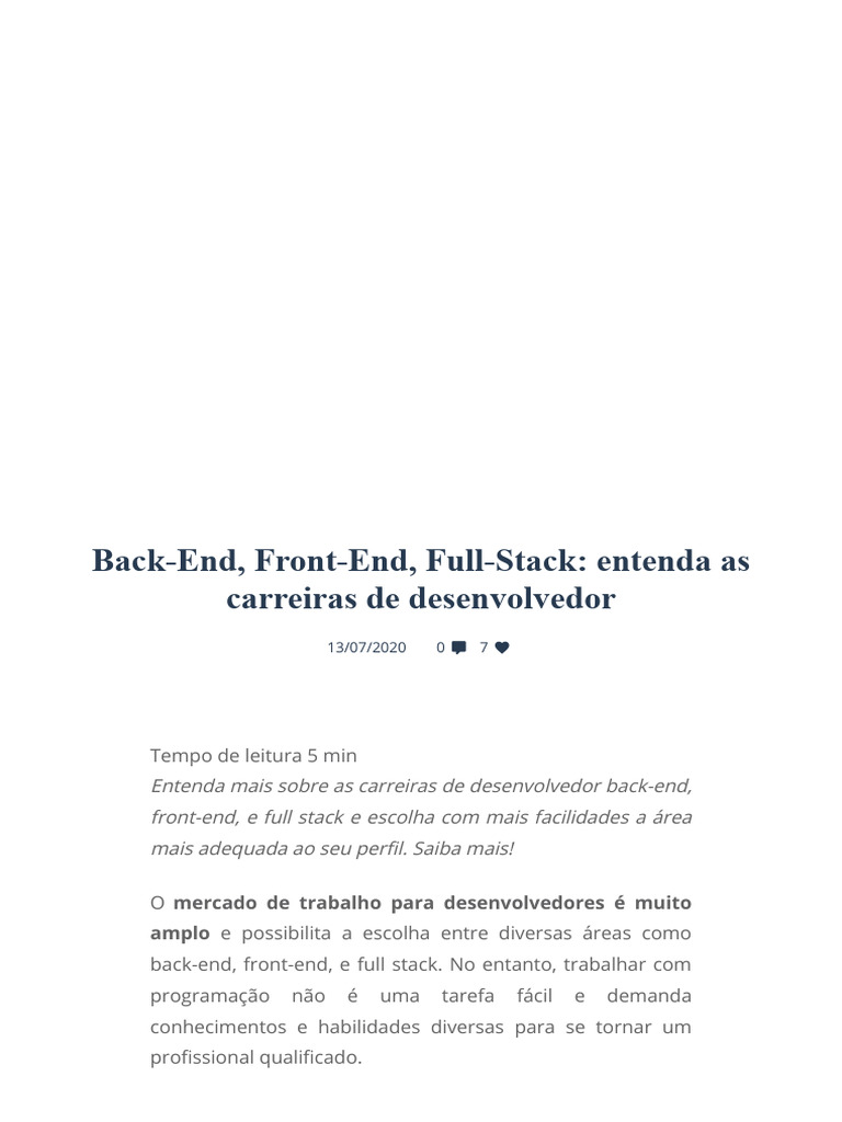 Carreiras de Desenvolvedor - Back-End, Front-End, Full-Stack | PDF ...