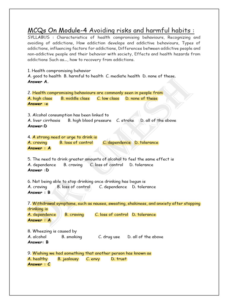 MCQs On Module 4 Avoiding Risks and Harmful Habits Final STUDENTS | PDF ...